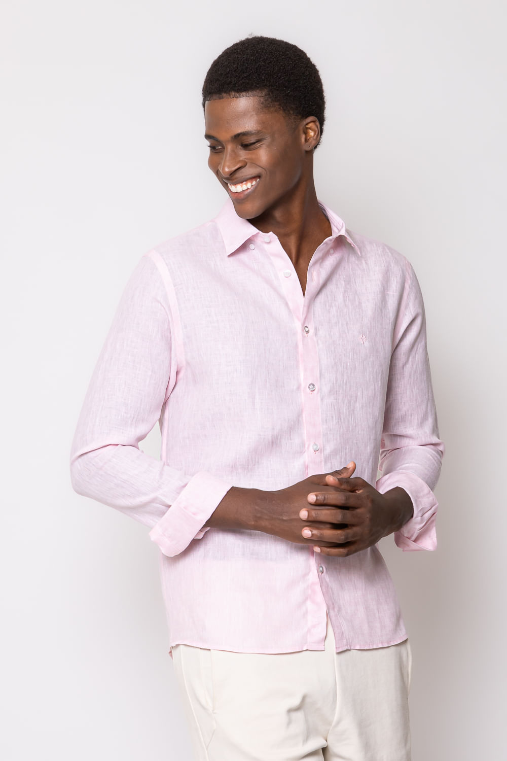 Camisa Slim Linho Mescla ML Rosa 054 19382